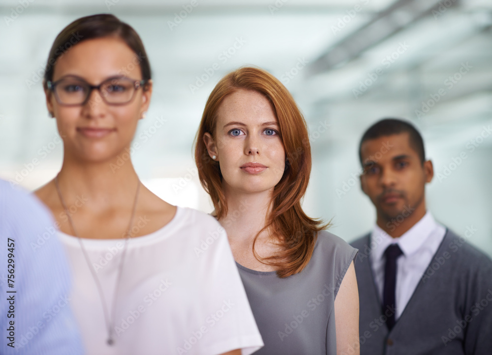 Portrait, team and business woman in queue at office or workplace for ...