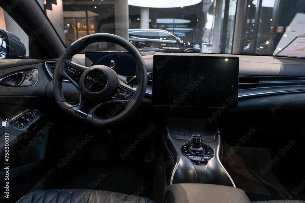 Interior, cockpit, steering wheel, display of BYD Seal Electric Car ...