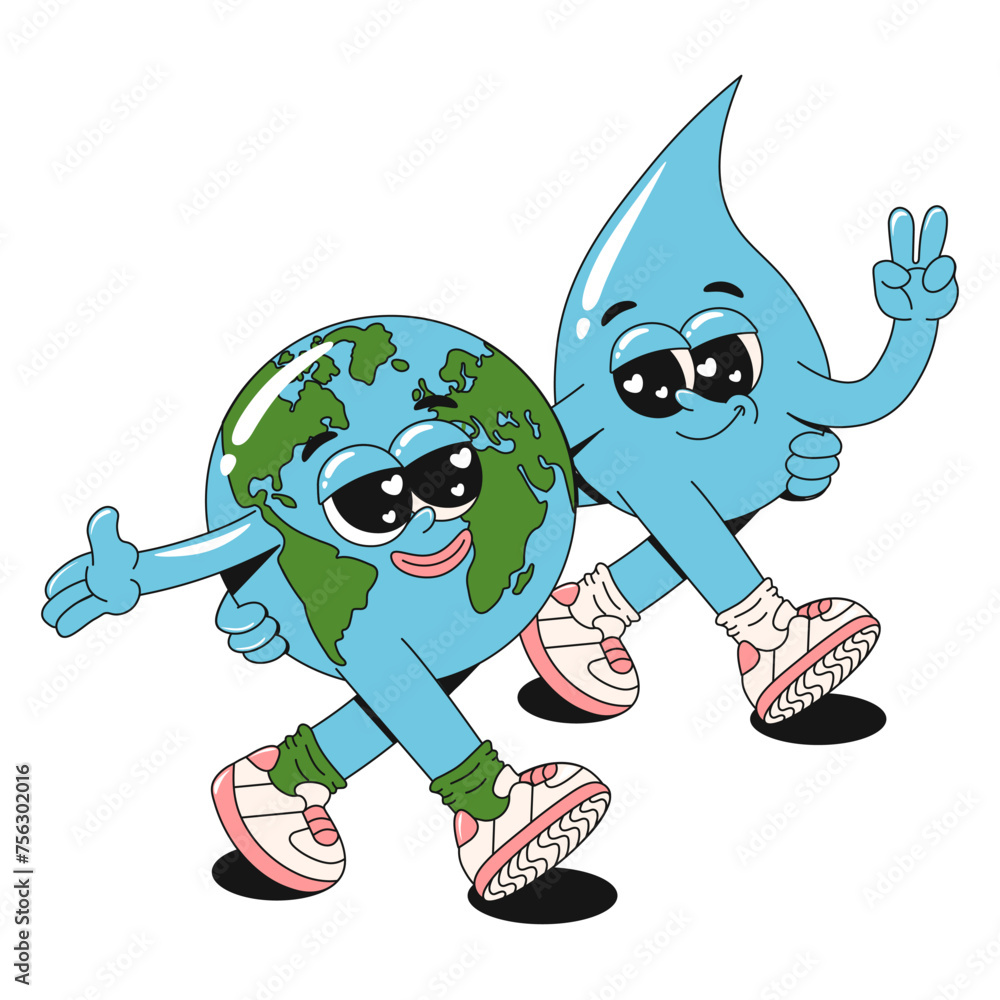 Retro groovy walking happy Earth planet character with a flower ...