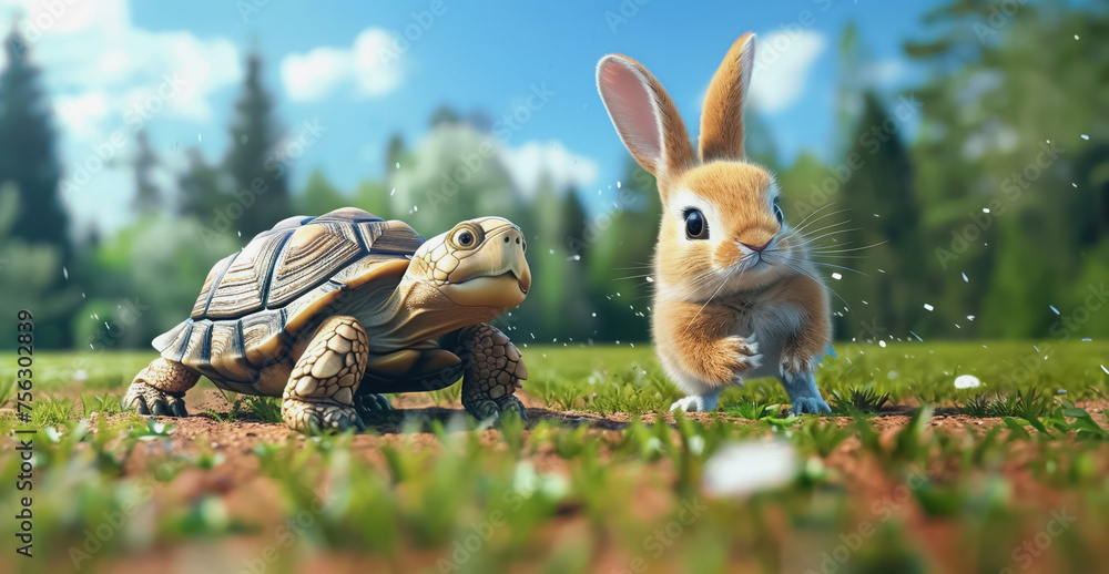 A turtle and rabbit in a cartoonish 3D race where the turtles wheels ...