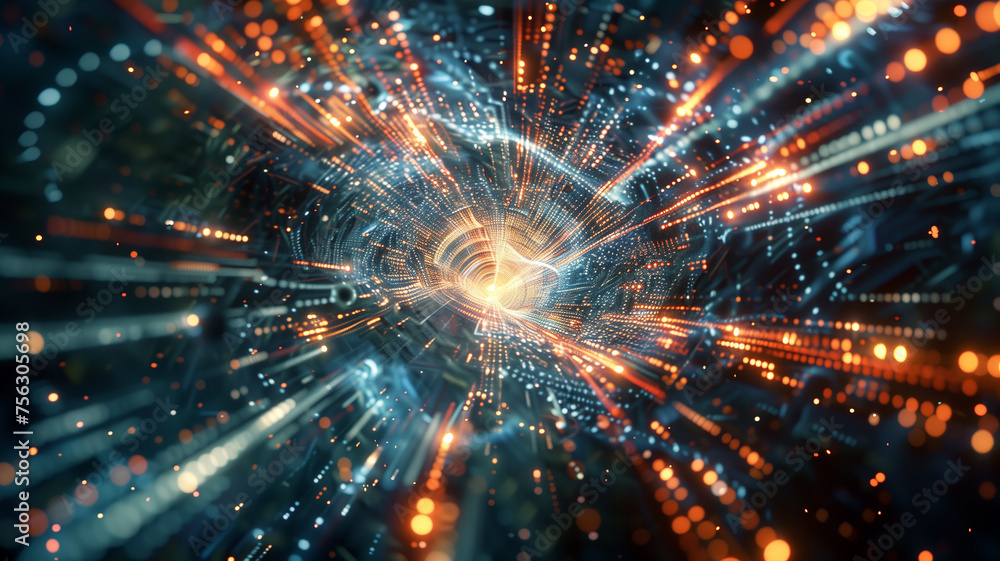 Colorful light waves with particles and futuristic spectrum in space ...