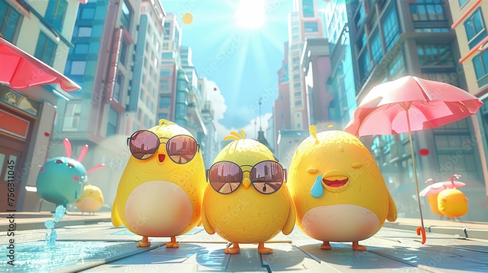 Cute characters experiencing extreme heat in the city, illustrating the ...