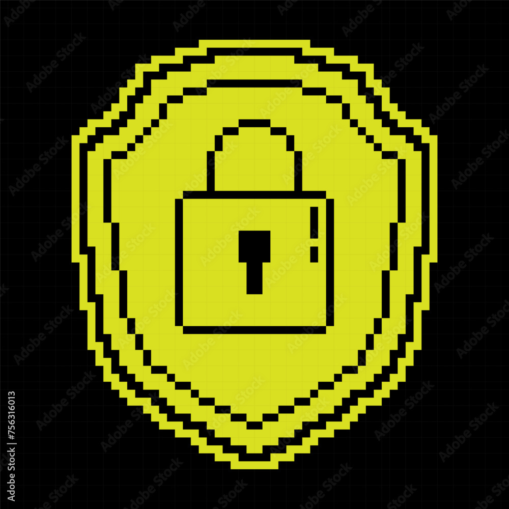 Pixel silhouette icon. Locked padlock on background of shield. Reliable ...