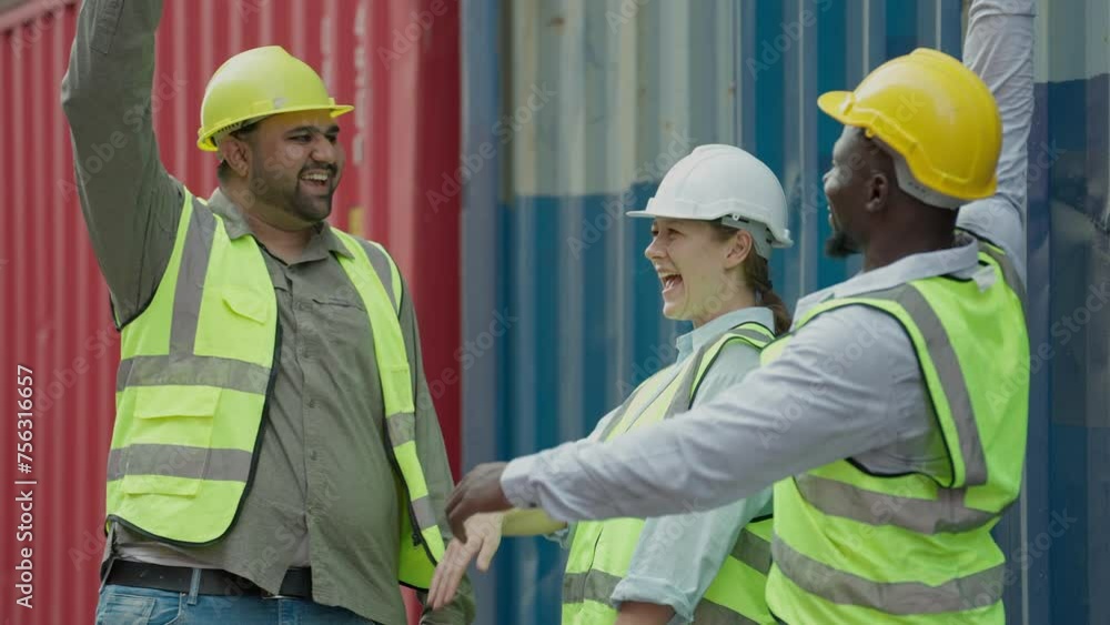 Team of industrial workers join hands for working together in the ...