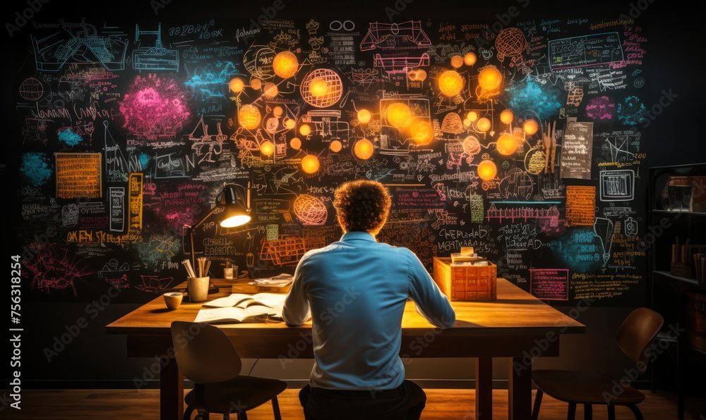 Focused individual brainstorming with colorful mind maps and complex ...