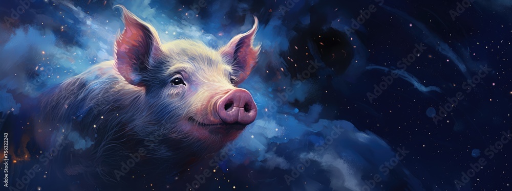 Pig against cosmic background with space, stars, nebulae, vibrant ...