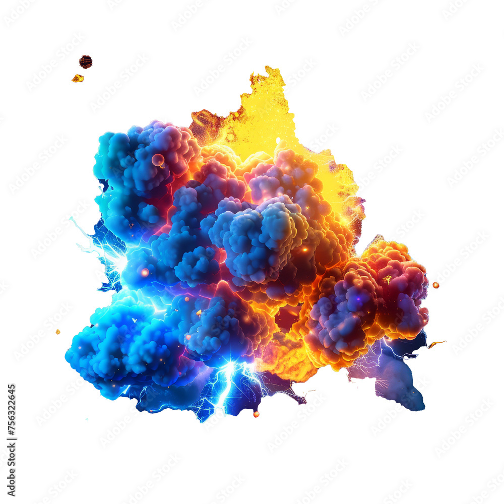 Cartoon set representing explosion, bomb boom game effect. A blue and ...