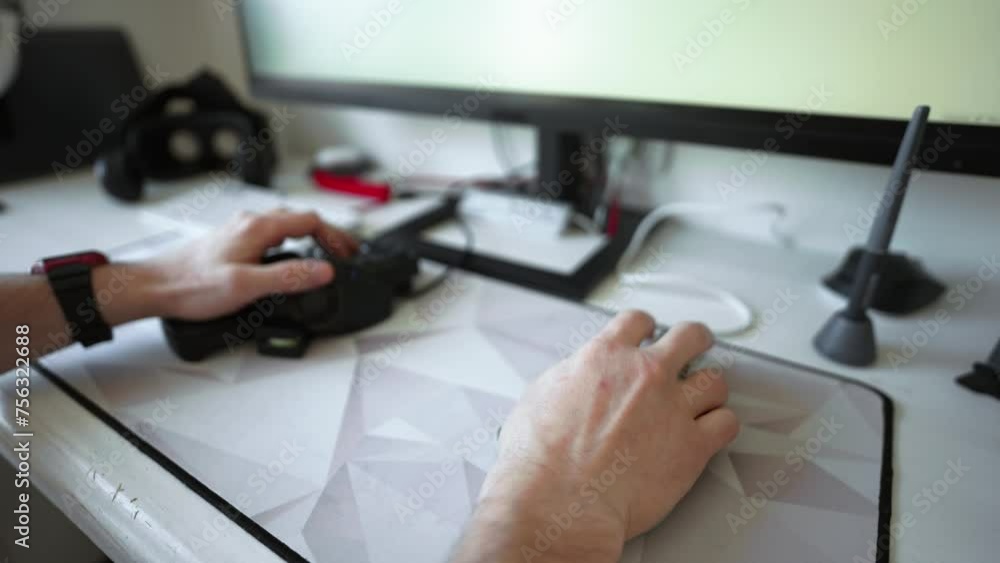 Close-up of a gamer's hands on the desktop manipulating a gaming mouse ...