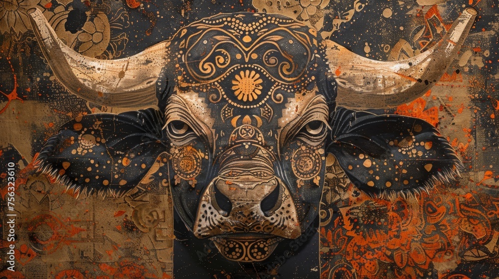 Wild buffalo decorated with ancient patterns The background is ...
