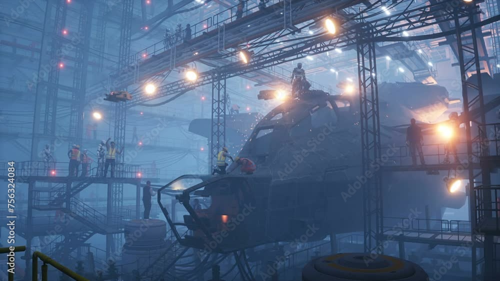 Production of military futuristic ship at the factory. People and ...