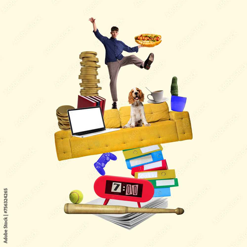 Balanced items on couch, man with hotdog, dog beside laptop, pile of ...