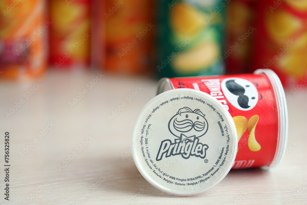 KYIV, UKRAINE - FEBRUARY 27, 2024 Pringles original potato chips on ...