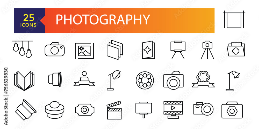 Photography icons. Photography studio light, film cameras and camera on ...