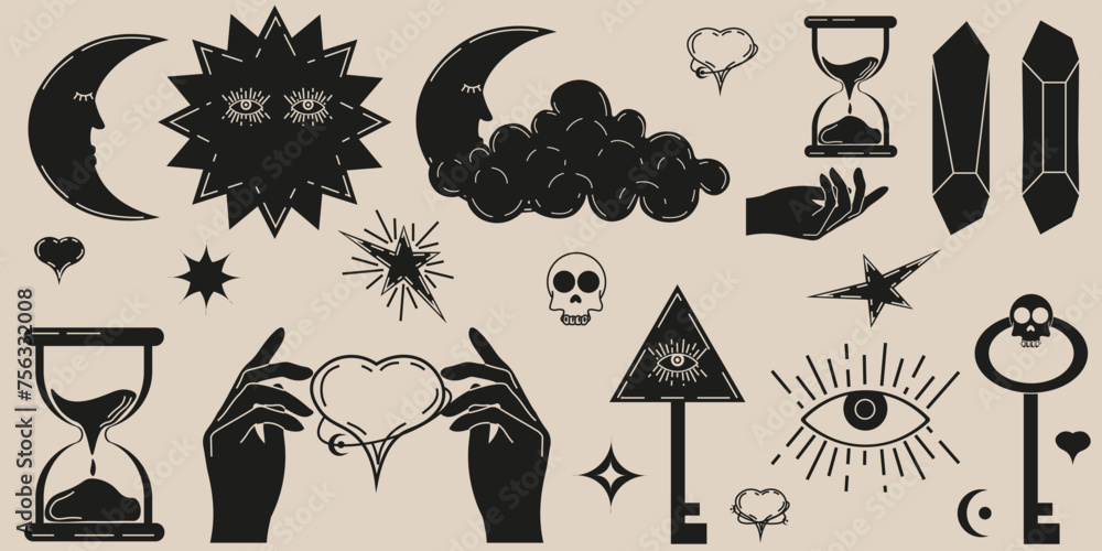 Linocut Celestial Magic element kit. Mystical icon set in trendy Retro ...
