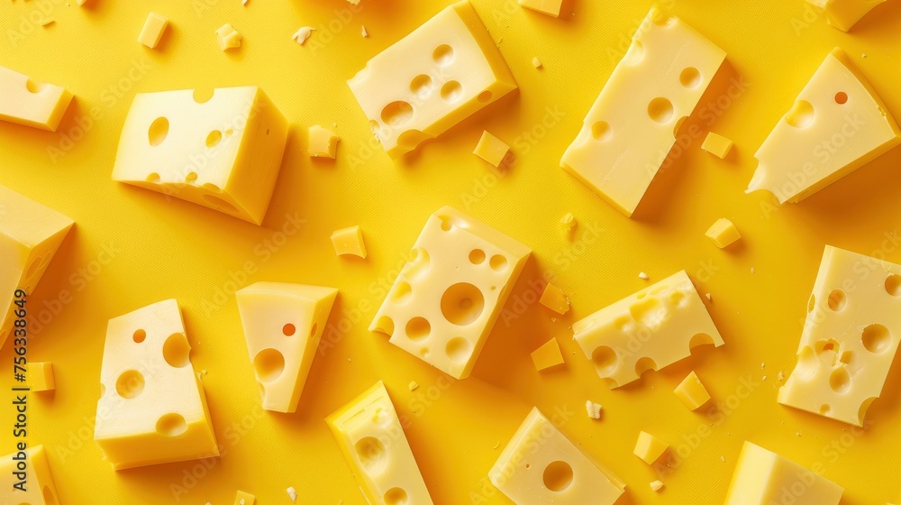 Realistic cheese chunks apart from each other photo pattern, flat color ...