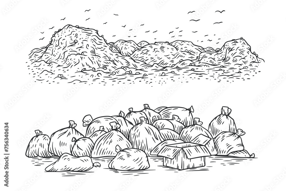 Hand drawn landfill landscape of in cartoon outline style. Panoramic ...