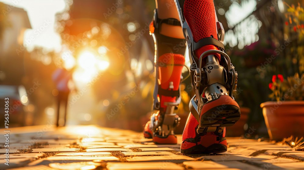 Legs of a person wearing advanced prosthetic limbs walking on a paved ...