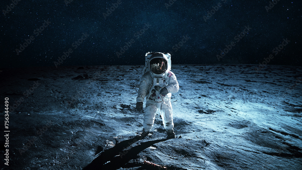Lonely astronaut walks on the lunar surface. Lunar mission and ...