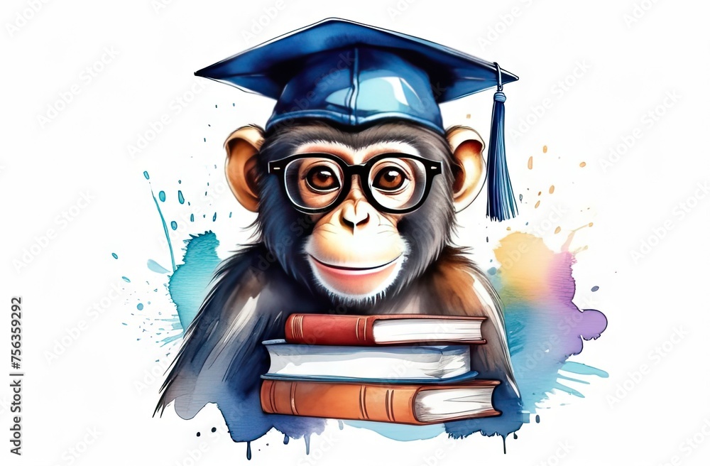 Watercolor illustration,cute monkey wearing graduation cap and ...