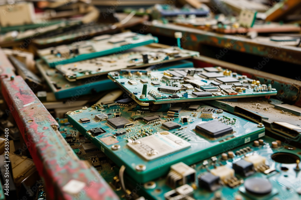 E-waste heap from discarded laptop parts. Connectors, PCB, notebook ...