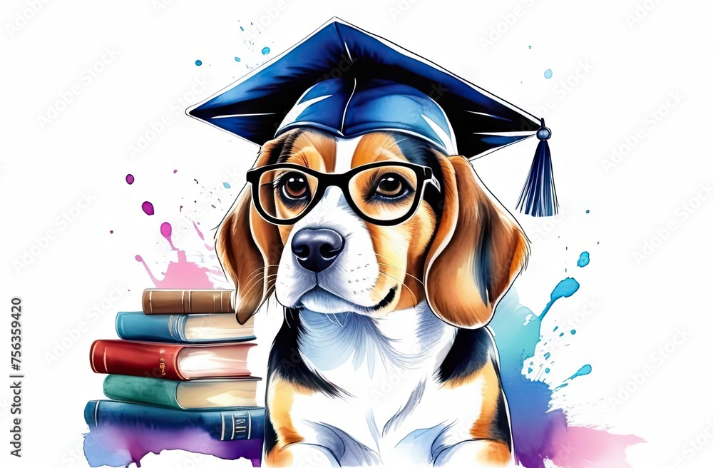 Watercolor illustration, cute beagle dog wearing graduation cap and ...