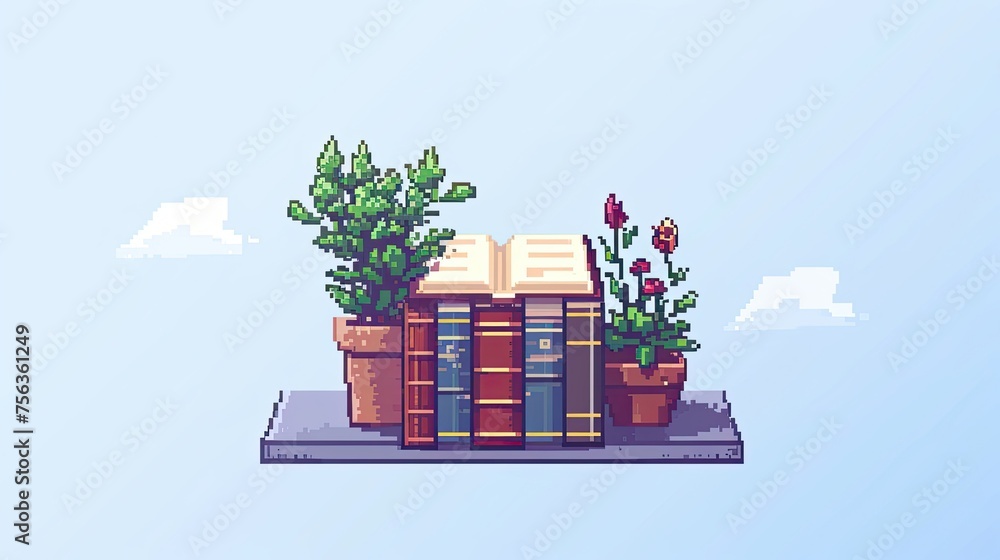 Pixel book. Pixel art, style, wood, reading, page, knowledge, library ...