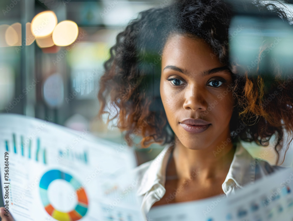 Female leader reviewing a sustainable business model, with a close-up ...