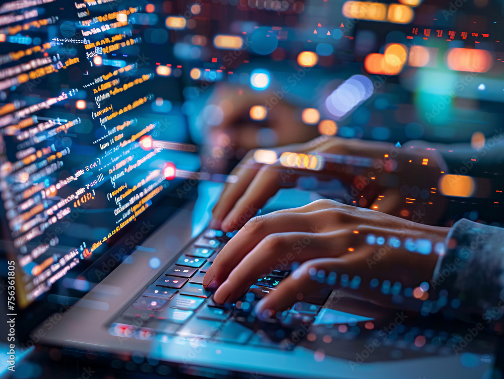 Network engineer patching vulnerabilities in the software, with a close-up on their hands typing ...