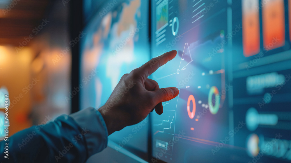 Professional using a smartboard during a corporate presentation, with a ...