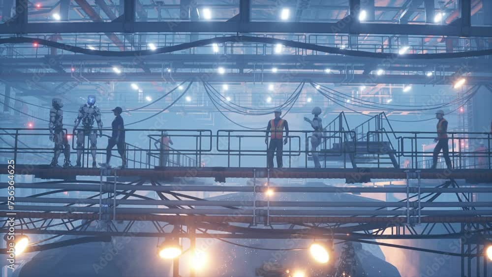 Production of military futuristic ship at the factory. People and ...