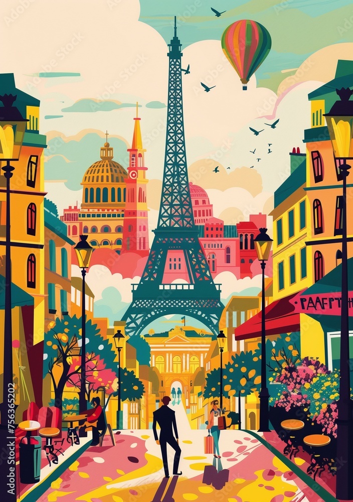 Retro travel poster depicts modern Paris with bold colors and stylized ...