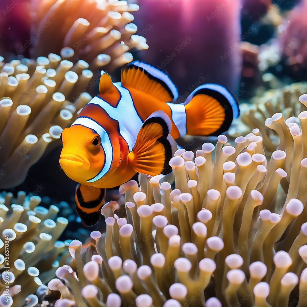 AI clown fish in a coral reef. Aquarium with saltwater underwater world ...