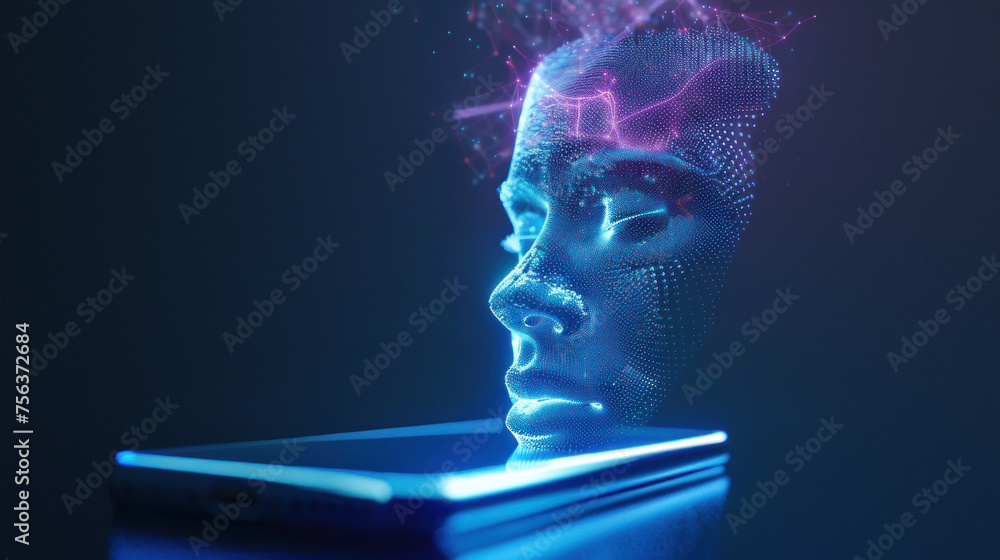 An artistic digital portrait depicted in striking neon blue, emanating ...