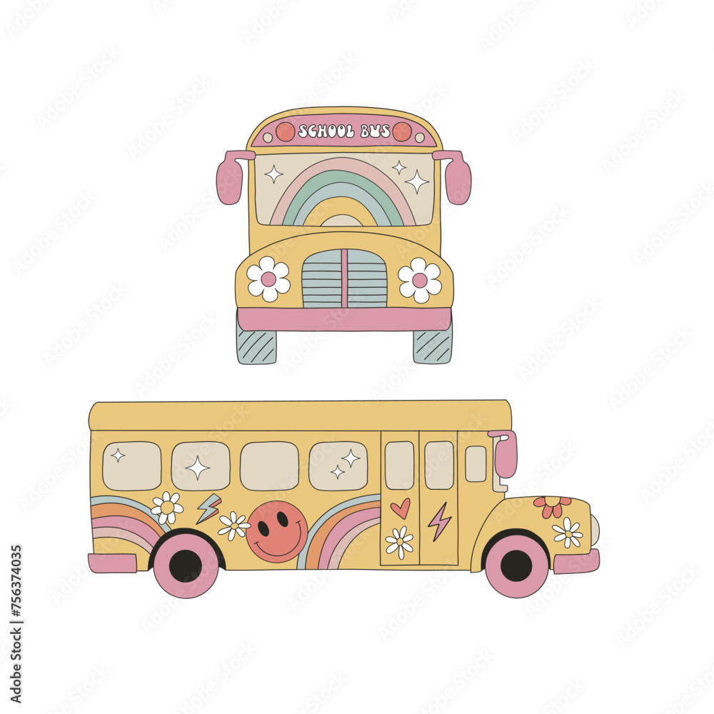 Groovy hippie yellow schoolbus with flowers rainbows smiling faces ...
