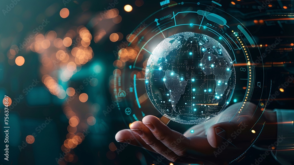 Global Network Technology Concept in Hand A hand holding a digital ...