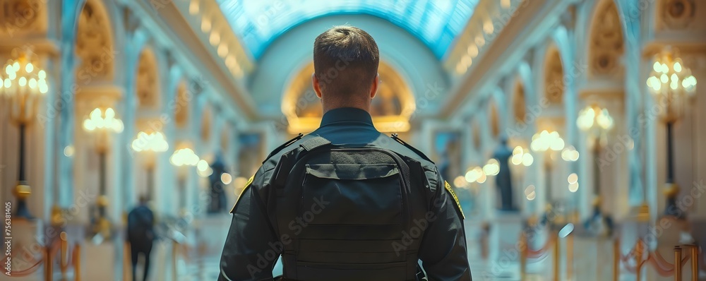 Security guard in black stands with back to museums . Concept Security ...