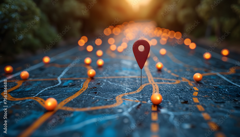 Location marking with a pin on a map with routes. Adventure, discovery ...