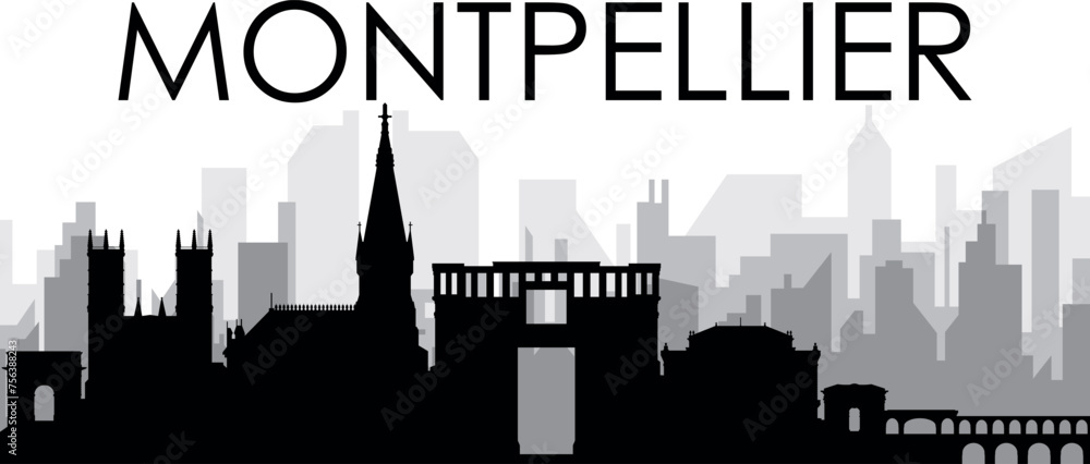 Black cityscape skyline panorama with gray misty city buildings ...