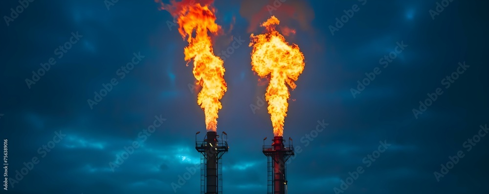Flare stacks at oil refinery release combustion byproducts . Concept ...