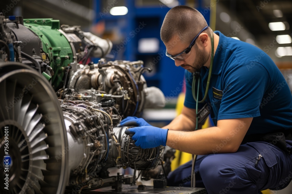 Aircraft maintenance technician repairing a jet engine Stock Photo ...