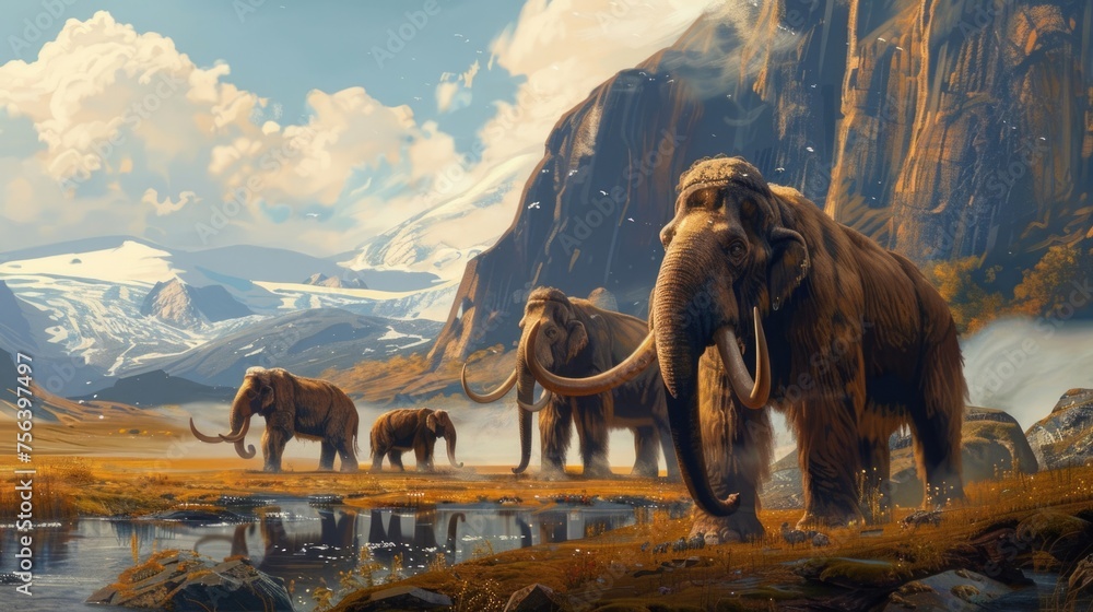 Ancient extinct animals walk around during Ice Age. Family of woolly mammoths, flock of ...