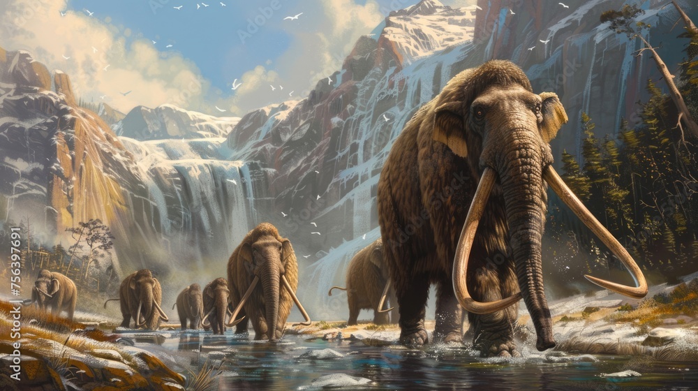 Ancient extinct animals walk around during Ice Age. Family of woolly mammoths, flock of ...