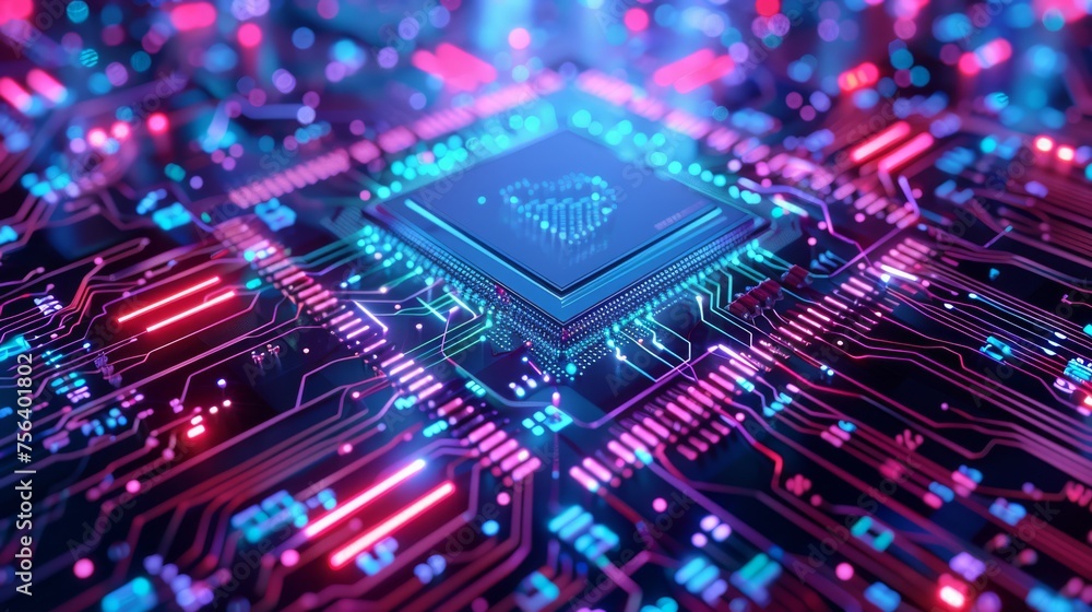 A close-up photo of a computer motherboard. The brown circuit board has ...