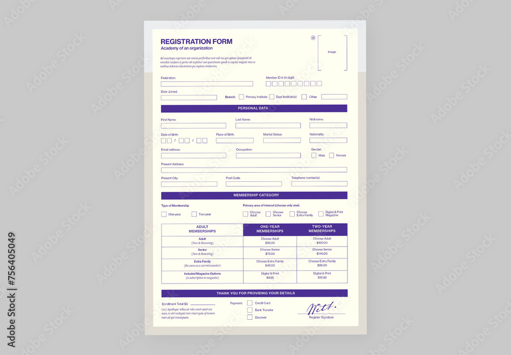 Member Registration Form Layout Stock Template | Adobe Stock