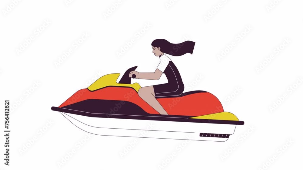 Swimwear arab young woman riding jet ski line 2D character animation ...