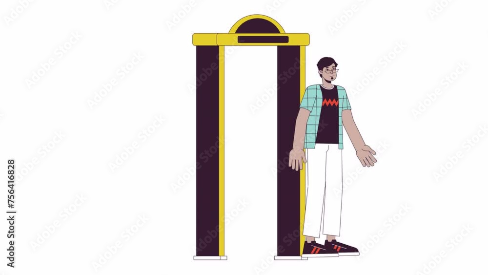 Eyeglasses arab man walking through security gate line 2D character ...