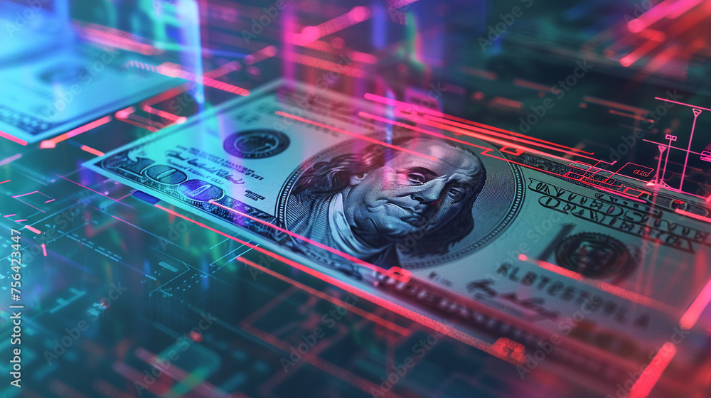 Illustrate a futuristic currency design that represents the essence of ...