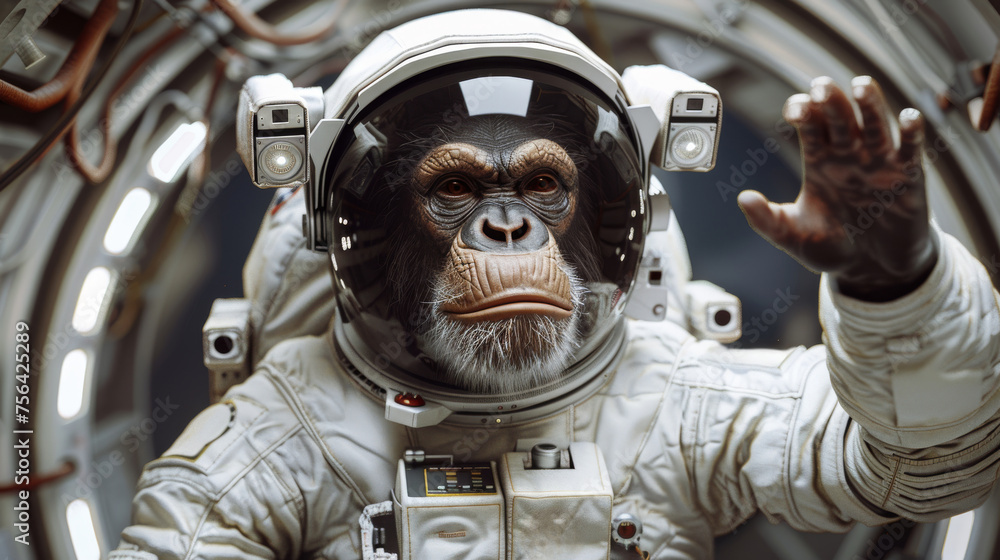 A chimpanzee astronaut is captured reaching out as if to touch ...