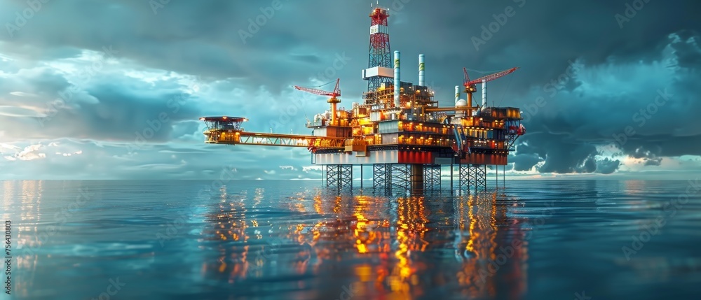 Oil rigs on a blue background. Abstract drawing of a floating rig ...