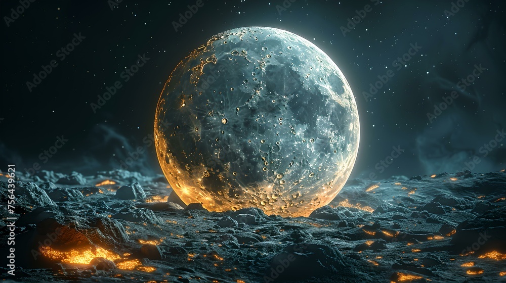 Majestic full moon over icy terrain at night. surreal landscape ...